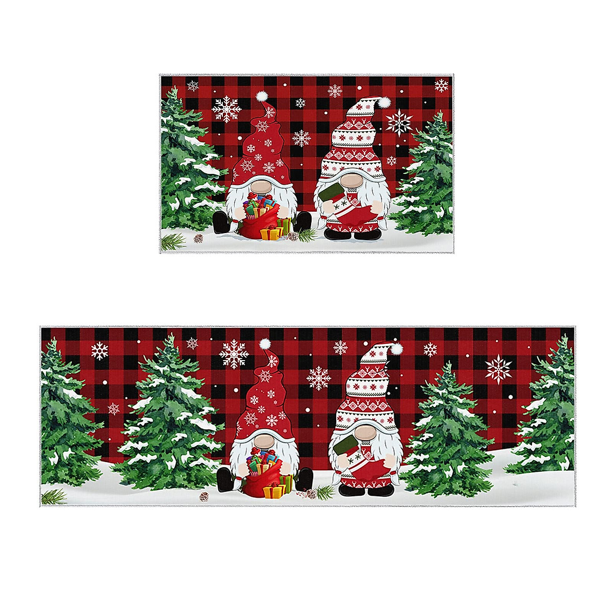 Merry Christmas Kitchen Rugs Sets 2 Piece Floor Mats Xmas Tree Gnome Snowflake Buffalo Plaid Doormat Non-Slip Rubber Backing Area Rugs Washable Carpet Inside Door Mat Pad Sets-16"x 24"+16"x47"