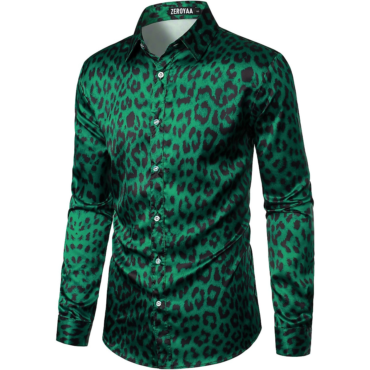 ZEROYAA Men's Hipster Leopard Printed Slim Fit Long Sleeve Button Up Satin Dress Shirts for Party Prom ZLCL36-108-Emerald XX-Large