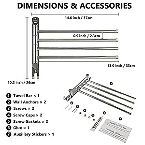 MOVNO Swing Out Towel Bar, 4-Arm Silver Wall Mounted Swivel Towel Rack with Hooks Rustproof, Towel Hanger Holder Storage Organizer for Bathroom Kitchen Space Saving