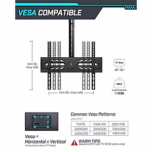 Greenstell Ceiling TV Mount with Power Outlet, TV Mount for 26-65 inch TVs, TV Ceiling Mount with 900J Surge Protection, Swivel, Tilt and 6 Height Adjustable, Max VESA 400x400mm, Holds up to 110Lbs