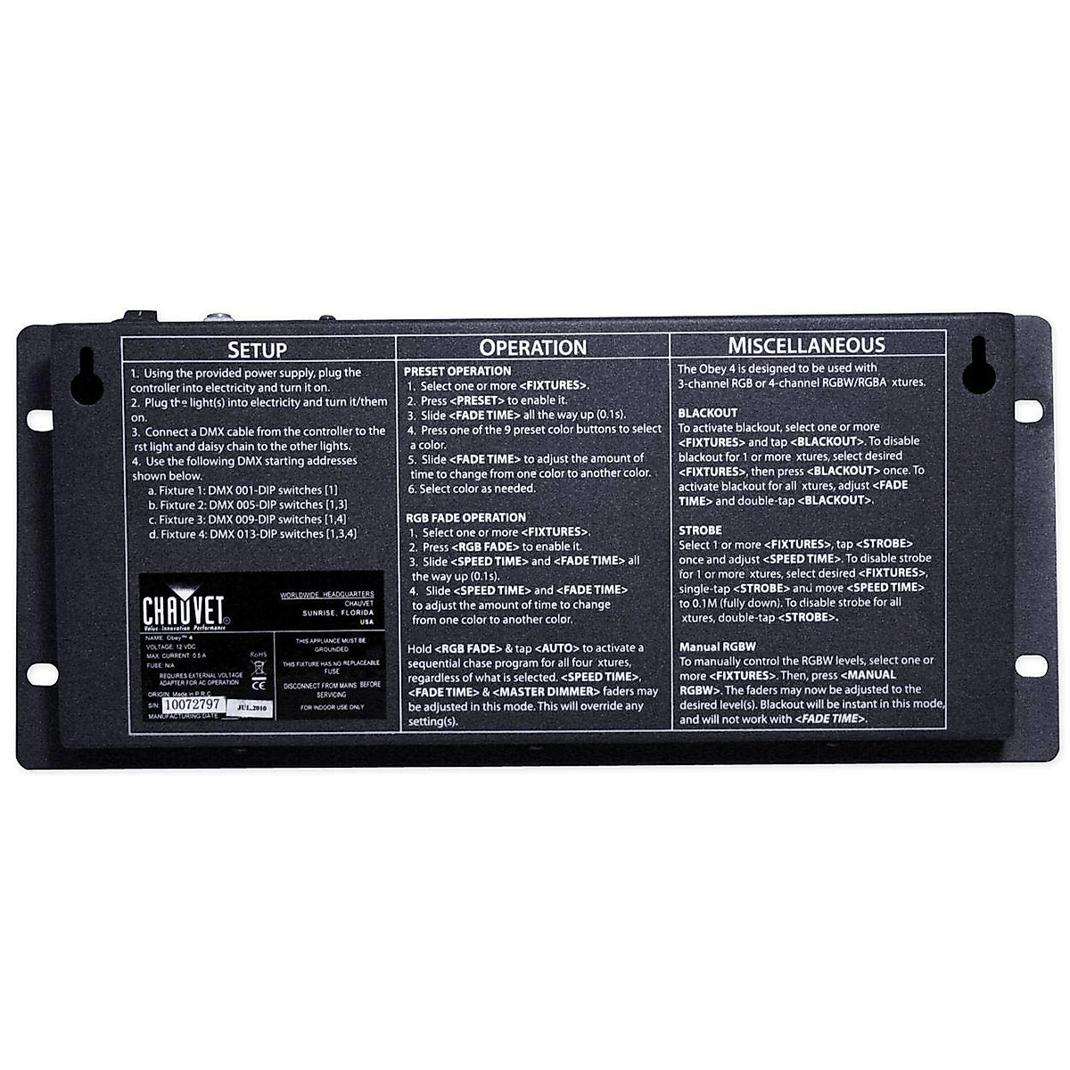 Chauvet Obey 4 DMX-512 LED Wash Light Controller w/3 or 4 Channel Mode+DMX Cable