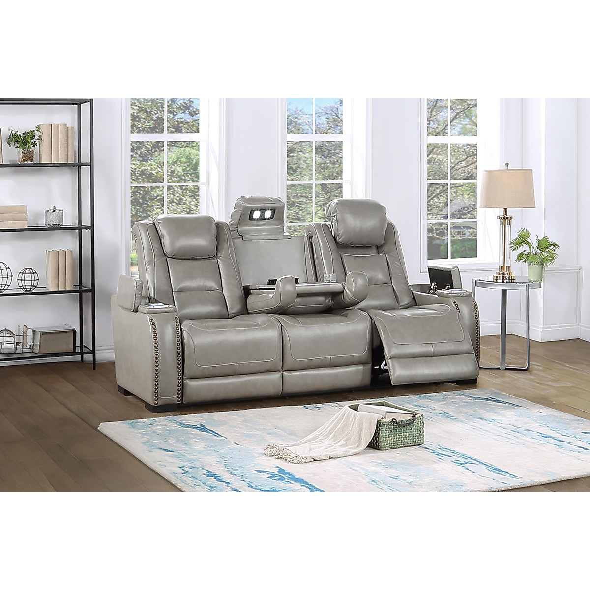 New Classic Furniture Breckenridge Leather Sofa with Power Footrest and Headrest, Light Gray