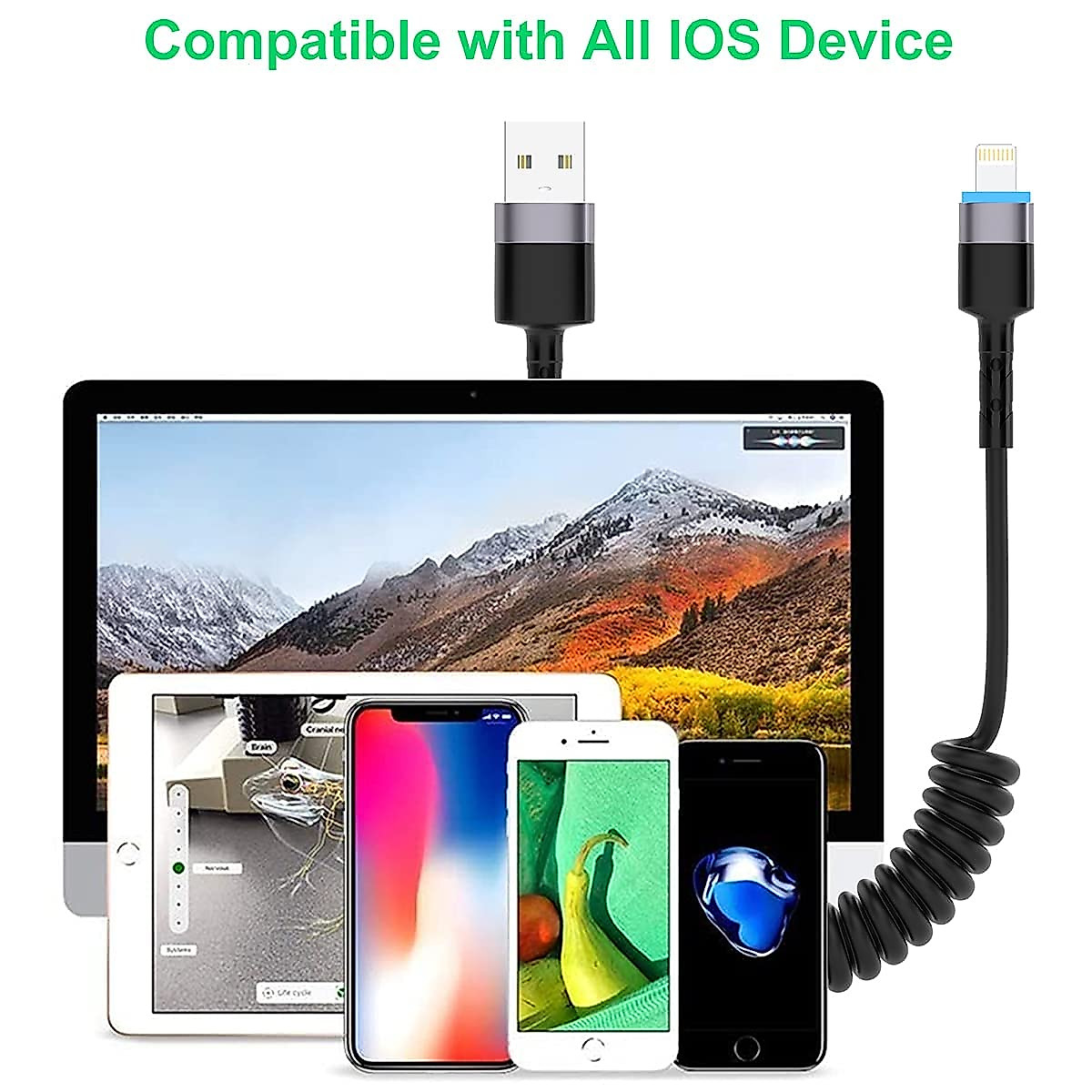 1.8M/6Ft USB iPhone Coiled Lightning Charging Cable for CarPlay,Apple Fast Charging Cord Sync USB Data Spring LED Retractable Charger Adapter Connector for iOS/iPhone 12/11/SE/Xs/Xr/8/7/6/iPad/iPod