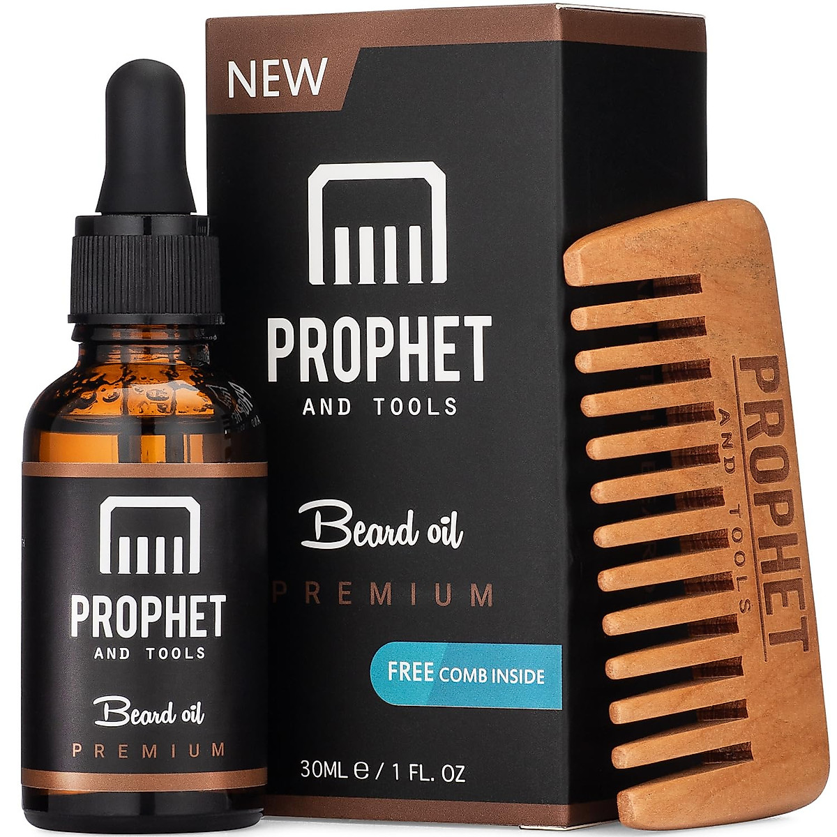 Prophet and Tools Premium Unscented Beard Oil & Comb Set - Thickens and Softens Beard, Relieves Itch & Dry Skin, 100% Natural, Fast-Absorbing Formula - Perfect for Beard Growth & Grooming - 1 oz