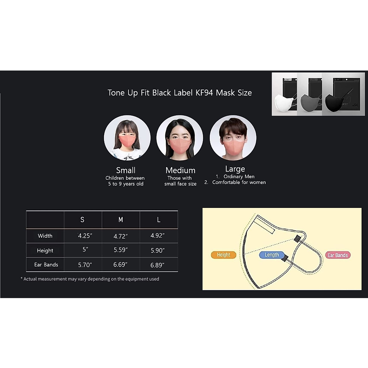 CHARMZONE Tone Up Fit Black Label KF94 Premium Protective Mask 4PLY 3EA, White + Black+Gray, Made in Korea (Medium, Trial Pack (3ea))