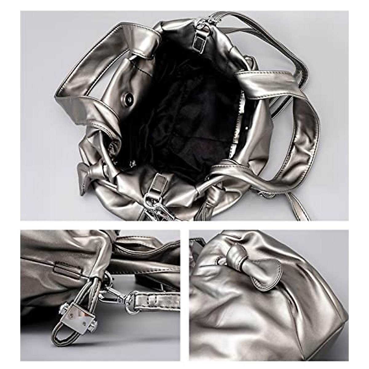 Soft Leather Tote Shoulder Bag For Women,Metal Gray Drawstring Tote Bag,Casual Simple Messenger Bag