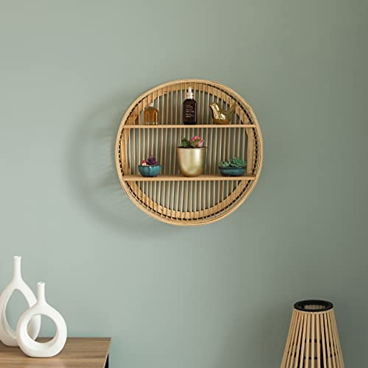 Vintiquewise Decorative Rattan Round Display Shelf with 2 Shelves for The Dining Room, Living Room, or Office.