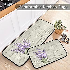 ALAZA Lavender Blossom Flower Non Slip Kitchen Floor Mat Set of 2 Piece Kitchen Rug 47 x 20 inches + 28 x 20 inches for Entryway Hallway Bathroom Living Roo