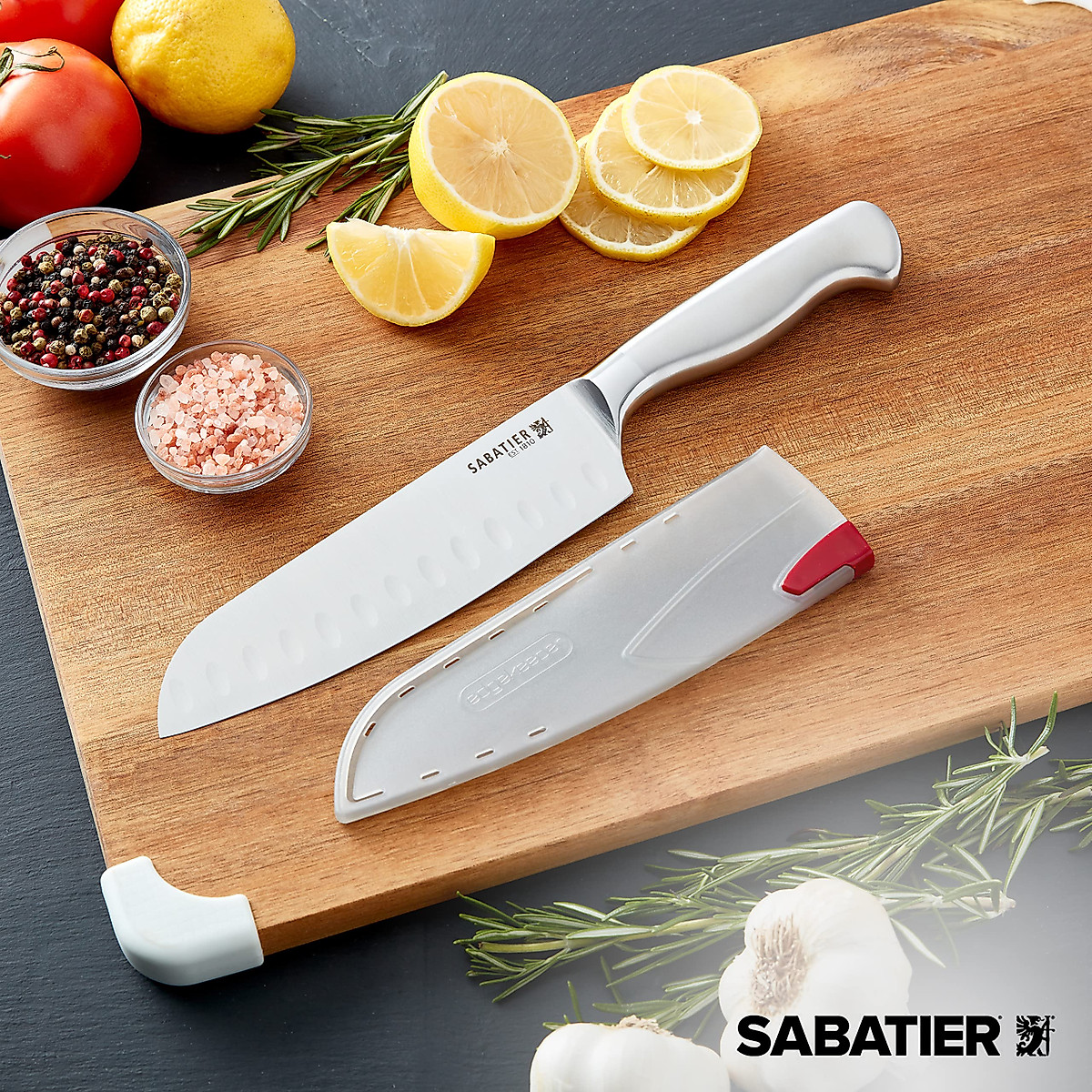 Sabatier Forged Stainless Steel Santoku Knife with Edgekeeper Self-Sharpening Blade Cover, Razor-Sharp Kitchen Knife to Cut Fruit, Vegetables and more, High-Carbon Stainless Steel, 7-Inch