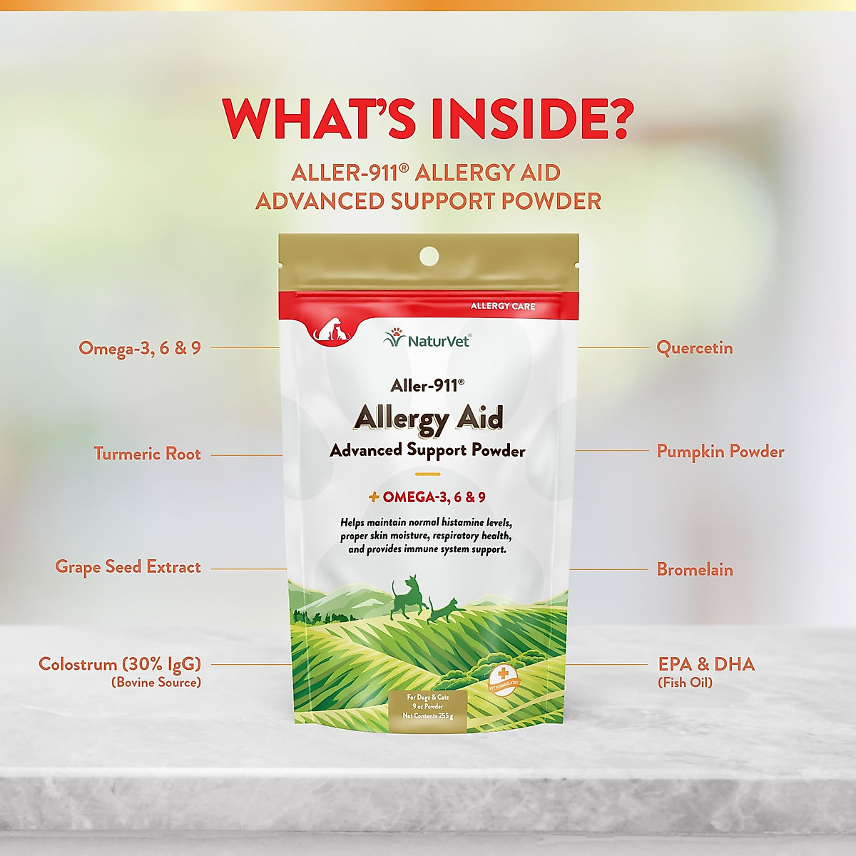 NaturVet Aller-911 Advanced Allergy Aid Formula Powder Plus Antioxidants for Dogs and Cats, 9 oz Powder, Made in The USA