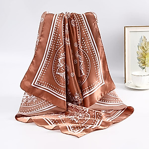 AWAYTR 35” Satin Large Square Head Scarves - 4PCS Silk Like Neck Scarf Hair Sleeping Wraps Lightweight Satin Silk Scarfs for Women (Cashew(Black+Gray+Burgundy+Light Curry)