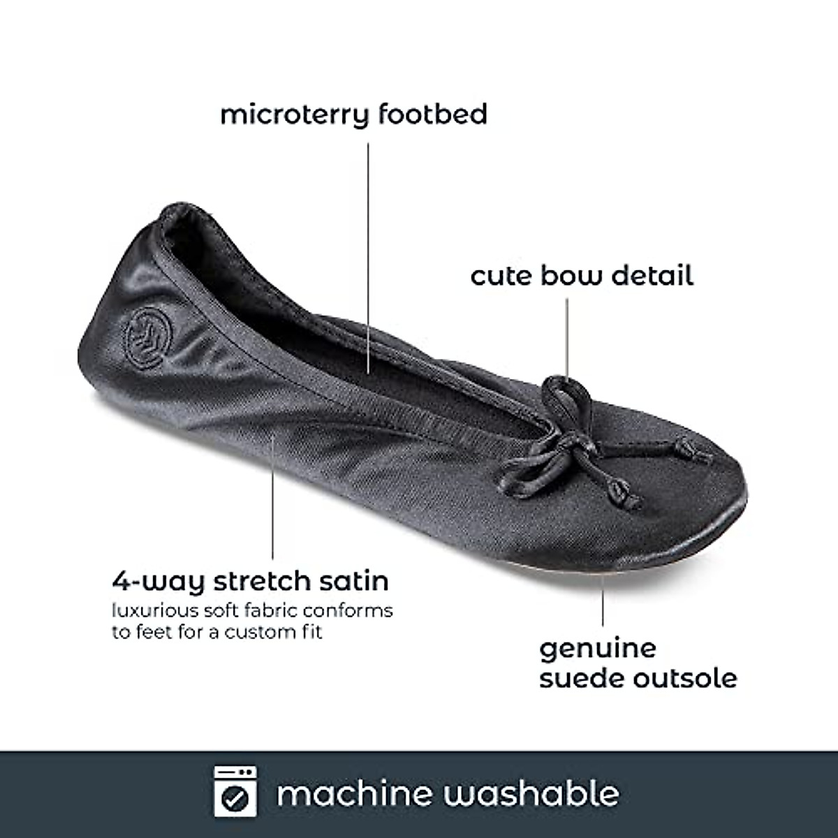 Isotoner Ballerina Slippers for Women – Soft Satin House Shoes with Bow and Suede Sole – Classic Comfy Travel and Bedroom Slippers – Cute Bridal Party Slippers, Black Soft Tie Bow, 6.5-7.5