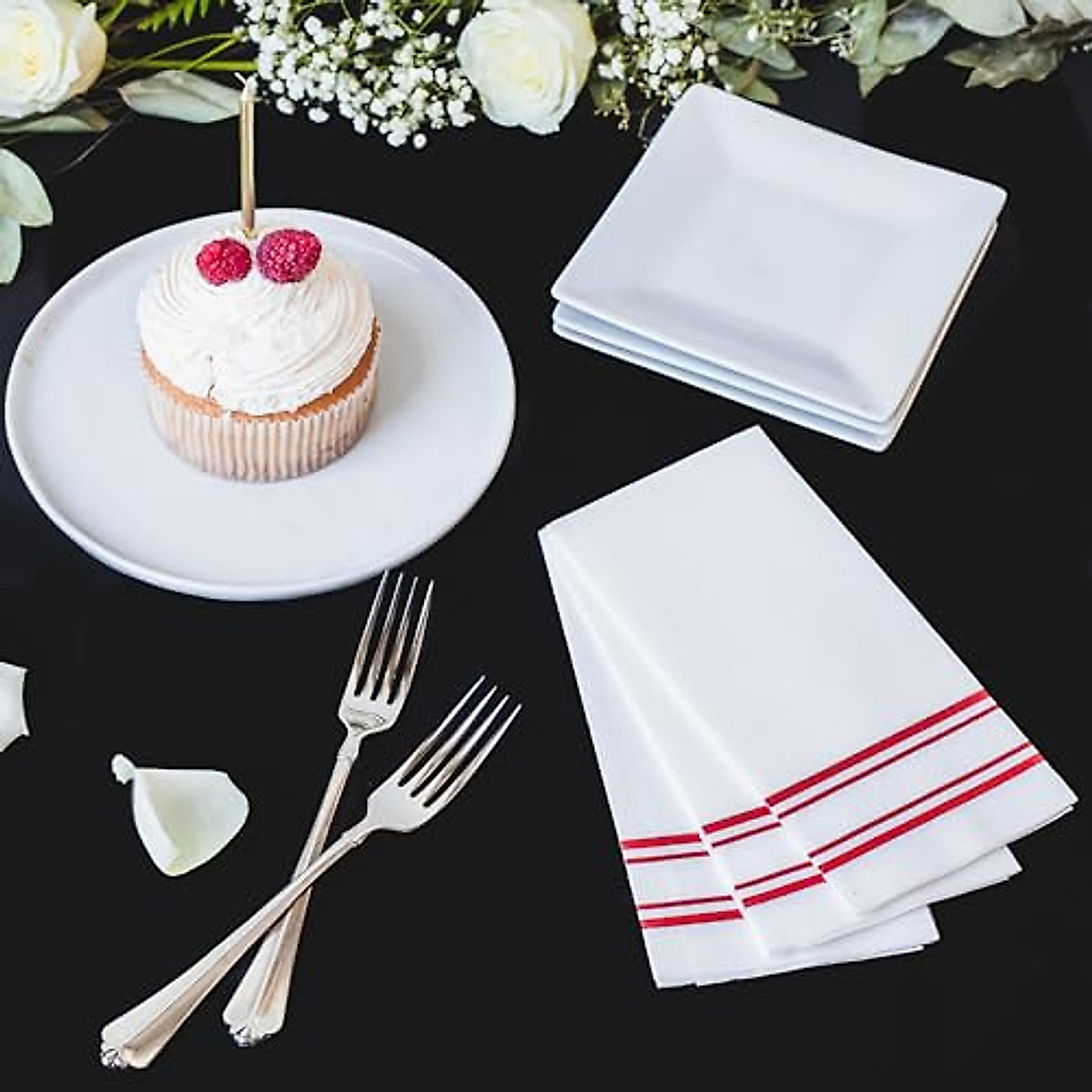 Fanxyware Shiny Red on White Disposable Dinner Napkins, Feels Like Linen, Soft Fluff Pulp Paper - 50 Pack, 8.5" x 4" - Style Name: Parallel Shine