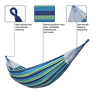 ONCLOUD Extra Long and Wide Double Hammock for Travel Camping Backyard, Porch, Outdoor or Indoor Use, Carrying Pouch Included (Blue/Green Stripes)