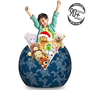 Lunarable Mandala Turtle Storage Toy Bag Chair, Bohemian Pattern with Abstract Turtle in Oriental Style, Stuffed Animal Organizer Washable Bag, Large Size, Night Blue