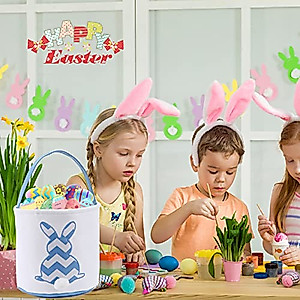 Cootato Easter Bunny Basket Bags for Kids, Stripe Rabbit Pattern Egg Basket Hunt Bags Personalized Canvas Cotton Bucket with Fluffy Tail for Easter Eggs, Candy, Gift (Blue)