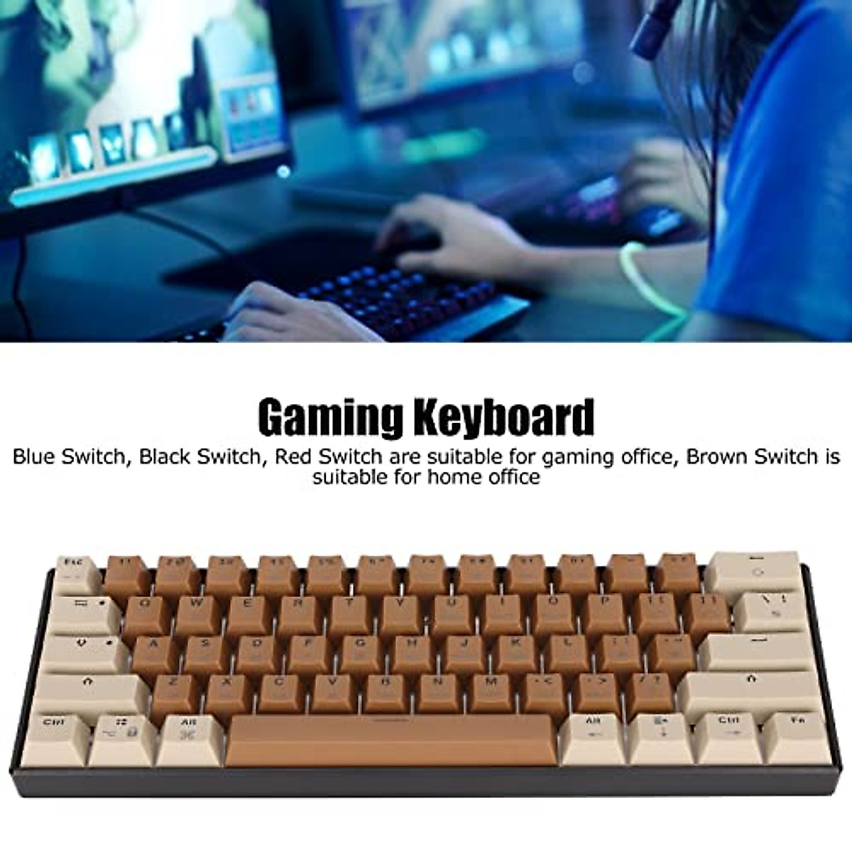 Garsentx 61 Keys Mechanical Gaming Keyboard with Mixing RGB Light, Tea Brown Patchwork Color USB C Ergonomic Keyboard Compatible with Win 2000/ME/XP/Vista/7/OS/8/10(Black Shaft)