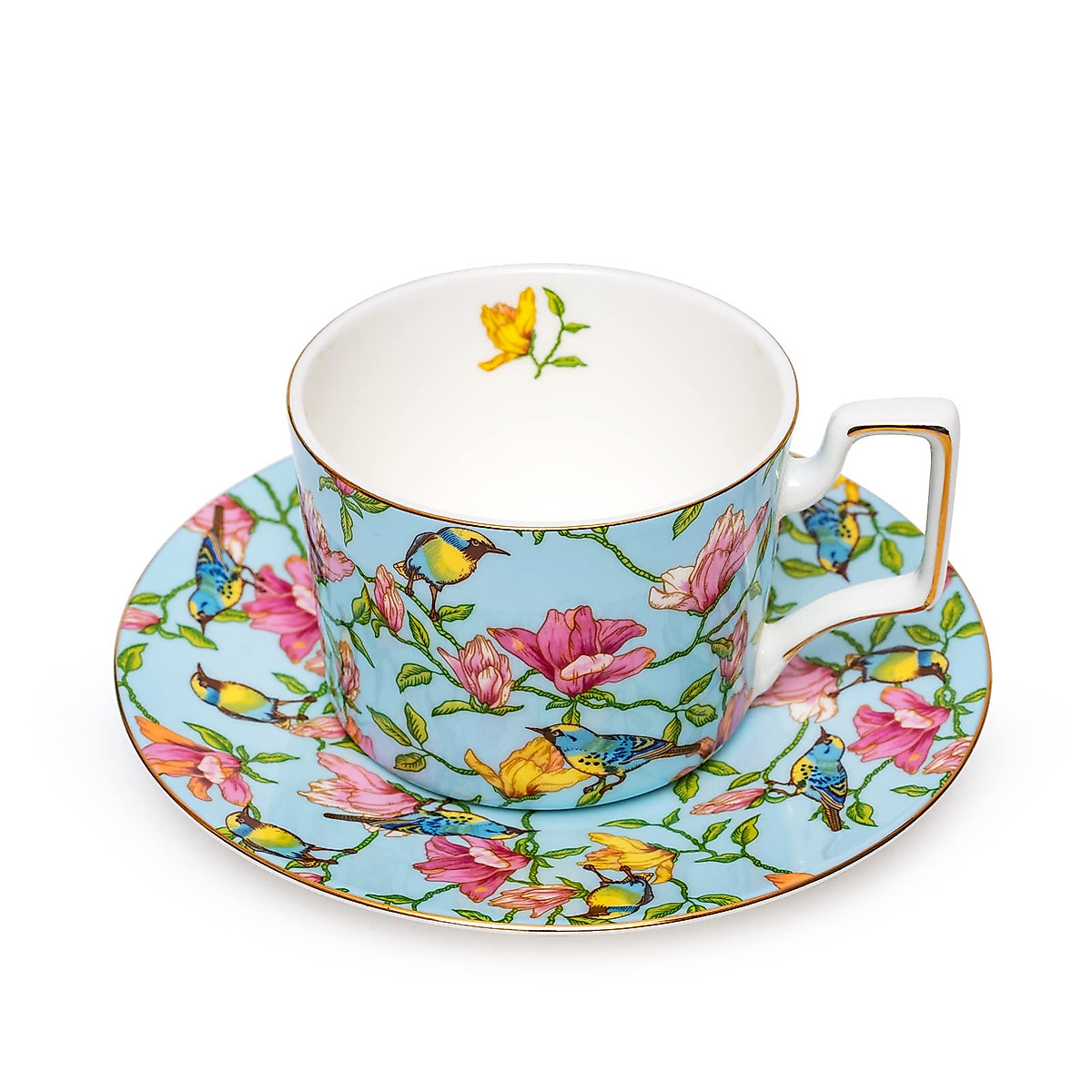 9 Ounces Teacup and Saucers Set Vintage Floral Tea Cups Set Bone China TeaCups Coffee Tea Cup for Tea Party Women Mom (blue)
