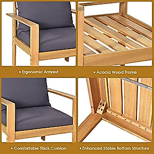 HAPPYGRILL 4-Piece Patio Furniture Set Outdoor Conversation Sofa Table Set with Cushions, Acacia Wood Chairs & Coffee Table Set for Garden Backyard Poolside