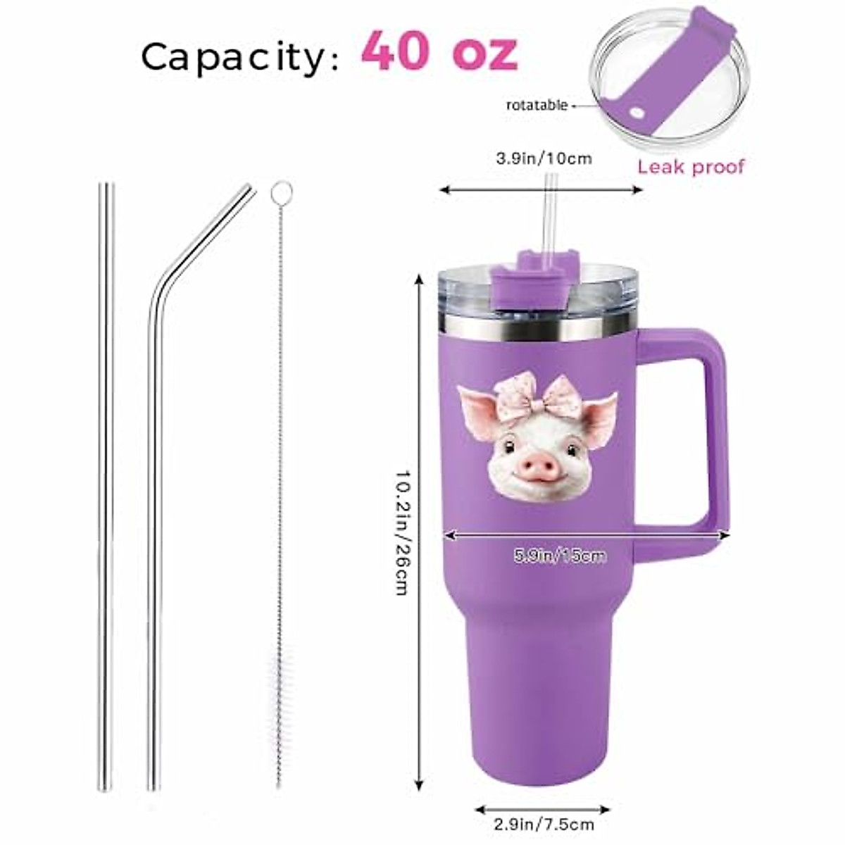 LB LEOBON 40 ounce insulated cup with handle, double-layer vacuum stainless steel material, equipped with straw, can keep warm or maintain cold drinks Pink Piggy Bow Deep purple