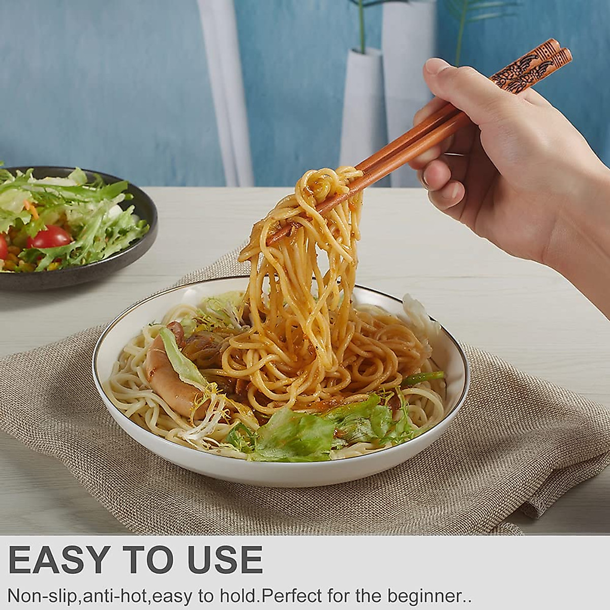 Chopsticks Reusable- Chinese Style Chopsticks, Dragon and Phoenix Chopsticks Set with Holder and Carrying Bag, Natural Wooden Chopstick Gift Set （2 Pairs)