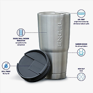 ENGEL Coolers 30-Ounce Stainless Steel Double Wall Vacuum-Insulated Hot/Cold Drinks Travel Tumbler with No-Spill Lid and Non-Slip Base, Silver