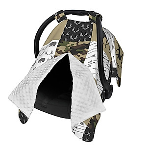 Personalized Woodland Deer Baby Car Seat Canopy for Babies with Name, Custom Camouflage Car Seat Covers for Boys Girls, Peekaboo Opening Minky Nursing Cover Infant Car Seat Canopies for Newborn