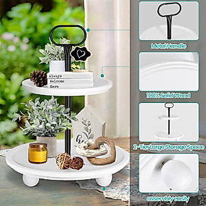 Farmhouse Tiered Tray Decor 2 Tier Tray with Handle, Wood Serving Tray for Kitchen Coffee Bar Table, Dessert Table Display Tray Cupcake Stand Perfect for Wedding Party Home Decor Display