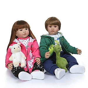 iCradle Angelbaby Reborn Baby Dolls Toddlers Twins Boy and Girl Realistic Soft Silicone 24 inch Brown Hair Newborn Child Dolls Toys Toddler Size Gifts Set 2 pcs