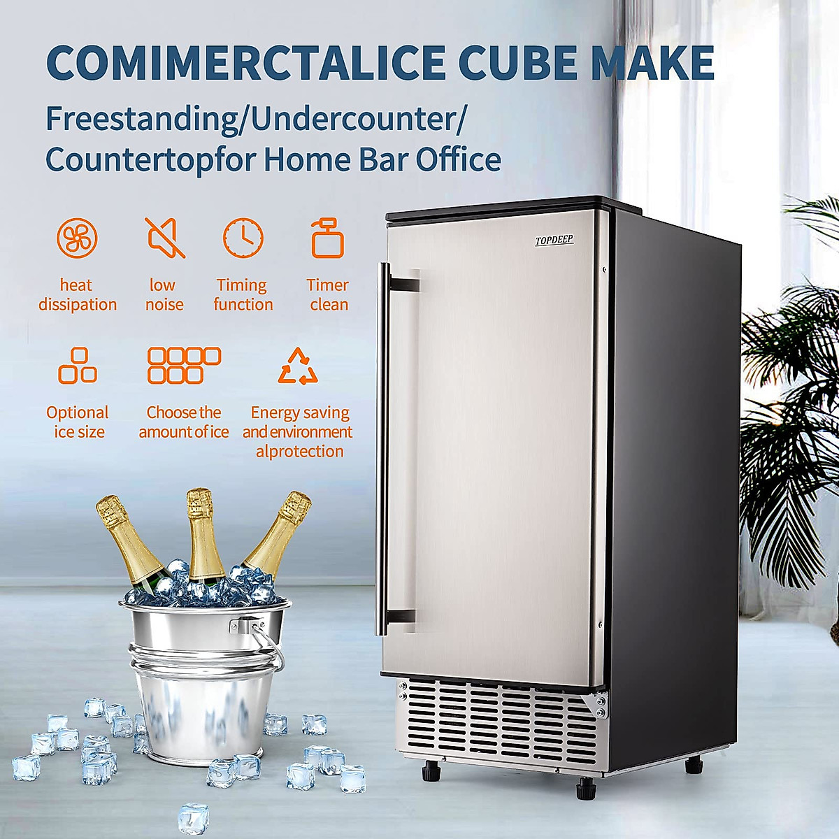 Topdeep Untercounter Commercial Ice Machine, Built-in Ice Maker Machine with 80LBS Per Day, Stainless Steel Commercial Ice Maker, Cold Insulation, Auto Clean, with 29 Pounds Storage Bin