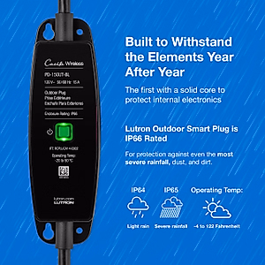 Lutron Caséta Weatherproof+ Outdoor Smart Plug On/Off Switch | Works with Alexa, Google Assistant, Ring, Apple HomeKit (smart hub required) | for Landscape and String Lighting | PD-15OUT-BL | Black