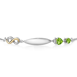 Gem Stone King 925 Silver and 10K Yellow Gold Infinity Lab Grown Diamond Engraved Initial ID Tennis Bracelet for Women Heart Shape Green Peridot (0.82 cttw, Fully Adjustable Up to 9 Inch)