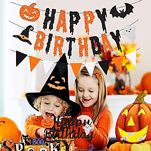 Glitter Halloween Birthday Banner Party Decorations Fall Pumpkin Happy Birthday Banner with Fall Halloween Birthday Cake Toppers for Hocus Pocus Halloween Fall Birthday Decorations Supplies