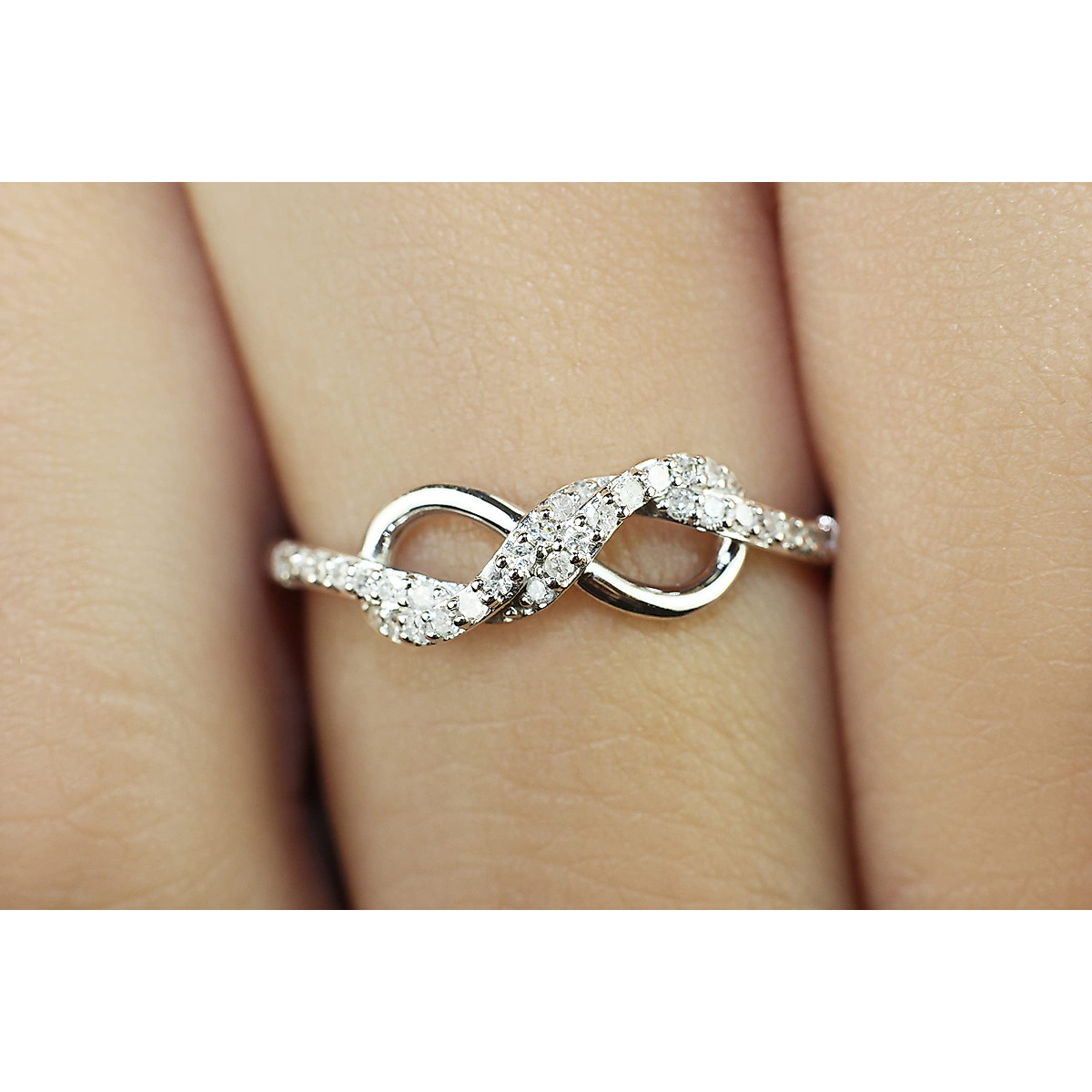 1/8 Carat Natural Diamond Infinity Ring for Women in 14k White Gold (H-I, I1-I2, cttw) Size 7 by Belantina