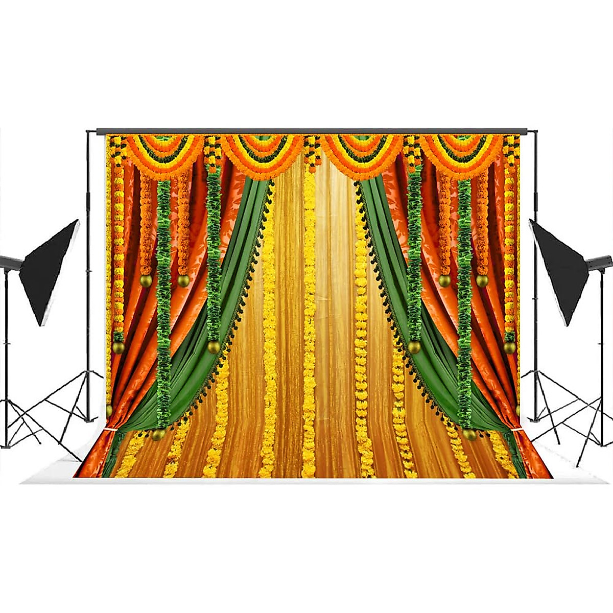 Lofaris India Pooja Backdrop Puja Ganpati Photography Traditional Banana Leaf Green Chatiya Ganesh Mehndi Festival Background Decorations Wedding Party Marigold Garlands Photo Props 7x5ft