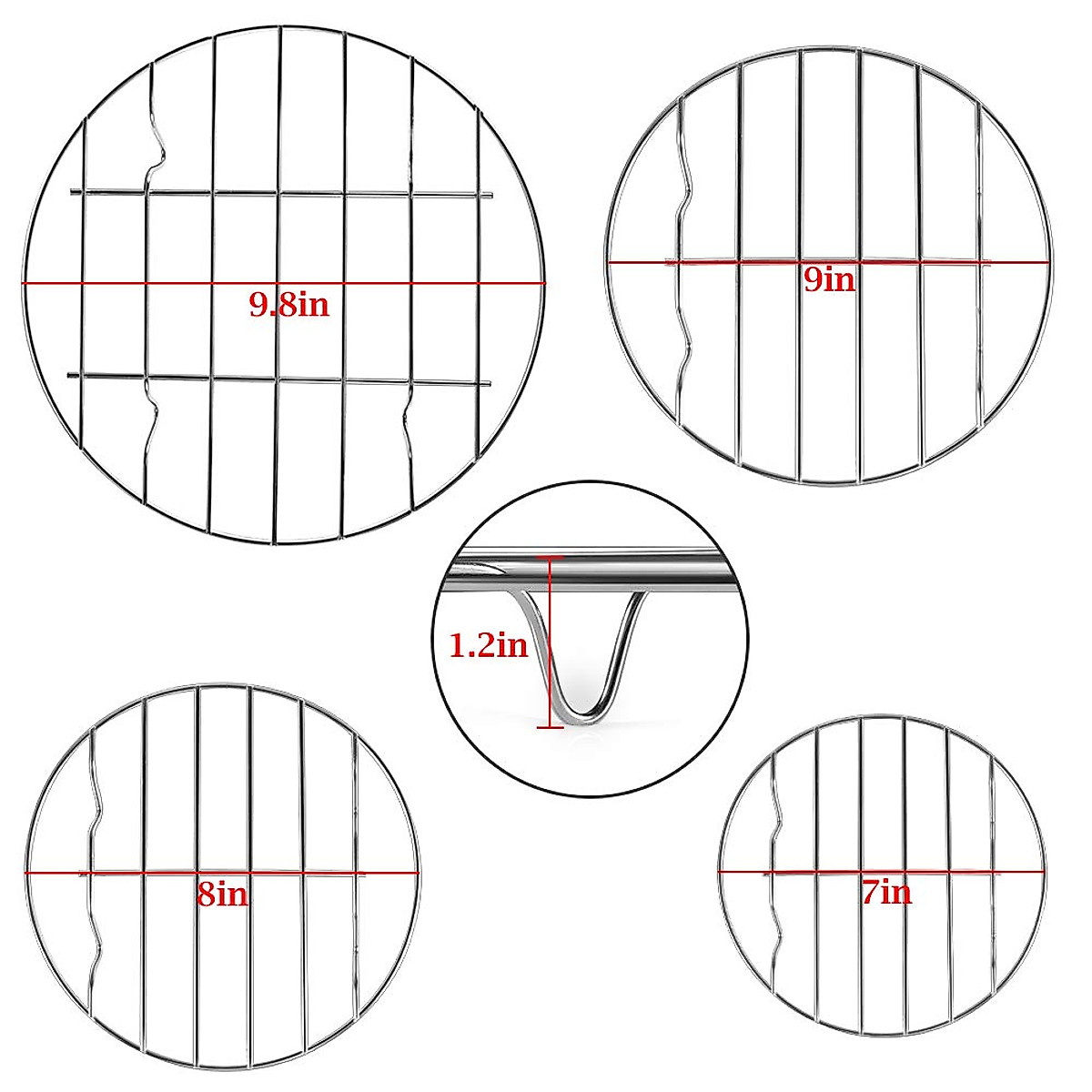 Picowe 4Pack 7, 8, 9, 10inch Cooling Racks Steamer Rack Steaming Baking Rack Set Stainless Steel Round Rack for Baking Canning Cooking Steaming Lifting Food in Pots Fits Air Fryer Pressure Cooker