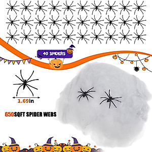 Spider Webs Halloween Decorations,650 Sqft Spider Webs with 40 Fake Spiders,Stretchable Cobwebs for Indoor/Outdoor Scary Atmosphere,Parties,Haunted Houses Spooky Window Home Outside Garden Tree Yard