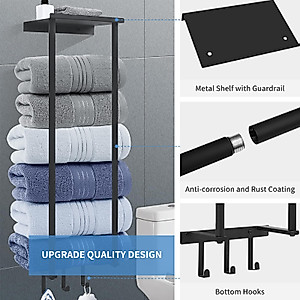 HOTNIU Towel Racks for Small Bathroom Wall Mounted, Vertical Towel Storage with Metal Shelf and 3 Hooks, Bath Towel Rack for Rolled Towels, Black Towel Holder for Large Bath Sheets Towels