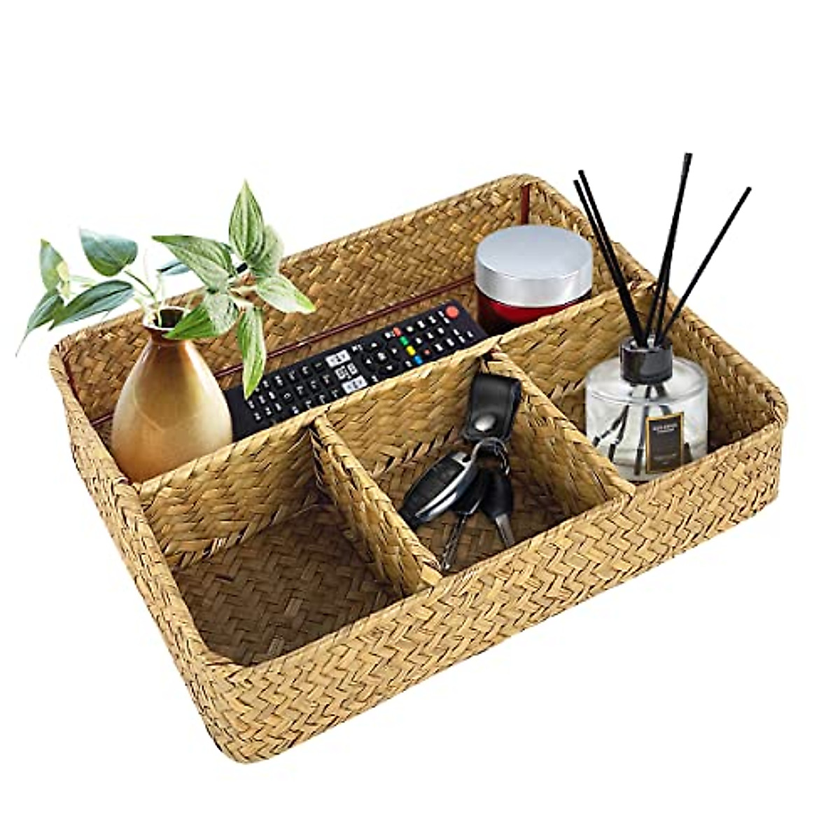 GZHOK Hand-Woven Storage Baskets,Wicker Rattan Divided Basket Organizer for Drawer,26x20xH6cm/10.2 * 7.9 * 2.4inch