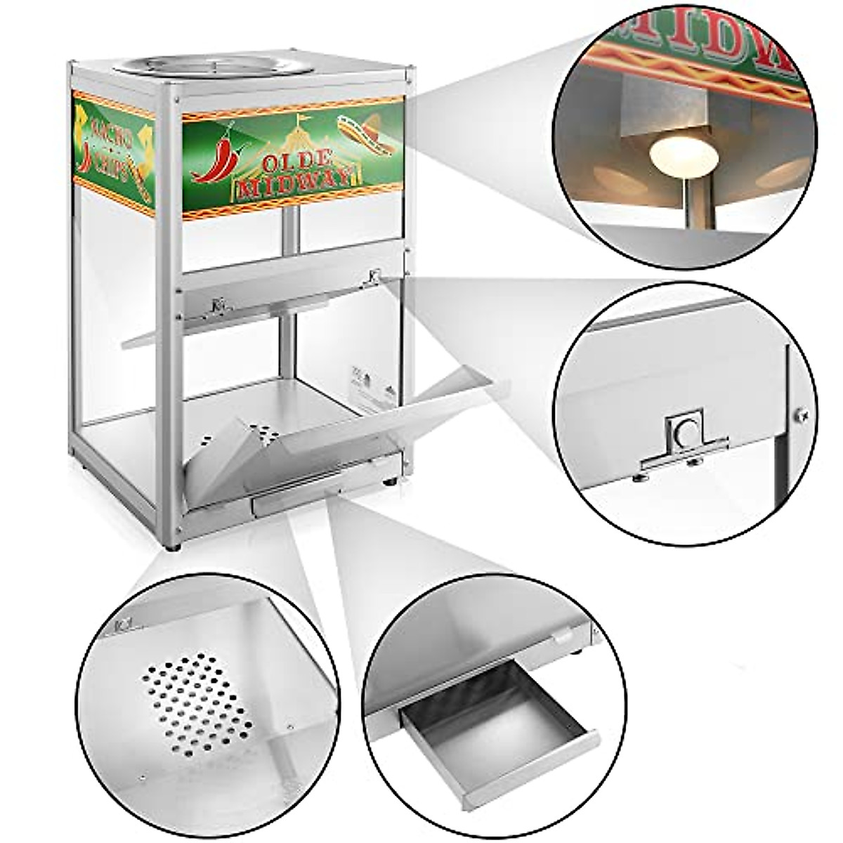 Olde Midway Nacho Chip Warmer Machine with Scoop, Commercial Grade Stainless Steel Concession Stand Display with Glass Door