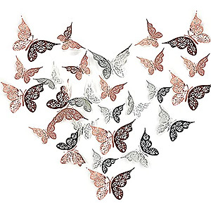 48 Pcs 3D Butterfly Wall Decals,maxin 3D Butterfly Wall Stickers Room Wall Decoration for Bathroom, Nursery Classroom,Baby Kids Bedroom, Living Room(Silver and Rose Gold)