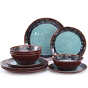 Gufaith Melamine Dinnerware Sets 12 Pcs, Plates and Bowls Sets for 4, Camping Plates, Unbreakable Dinnerware Set, Melamine Plates, Lightweight, BPA free, Dishwasher Safe, Blue with Brown