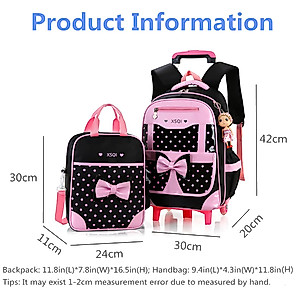 Bowknot Kids Rolling School Backpack 2Pcs Polka Dot Princess Style Trolley Bookbag on Six Wheels