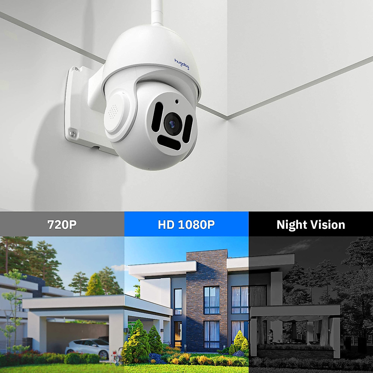 Hugolog PT Security Cameras, WiFi Cameras for Home Security 1080P HD, Outdoor Camera Waterproof,Motion Detection,2-Way Audio,Infrared Night Vision,USA Cloud Server/SD Card Slot, Compatible with Alexa