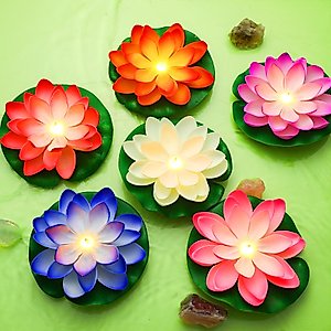 Tujoe 6 Pcs Diwali Lotus Decoration Floating Lotus with Lights Plastic Flower Diwali Artificial Lotus Traditional Indian Decor for Diwali Puja Home Outdoor Party Decoration (5.71 Inch)