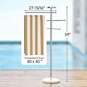 Natural Marble Outdoor Towel Rack with Weighted Base, KES 5-feet Outdoor Towel Rack for Hot Tub 18/8 Stainless Steel, Adjustable 3 Arms with Storage Tray, Brushed Finish OTR200-2