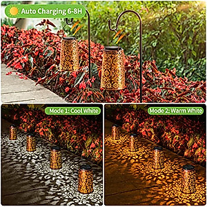 Solar Lantern - Hanging Solar Lights Outdoor Waterproof, Metal Lantern Decorative Solar Powered Patio Decor for Garden Yard Backyard Porch Table Pathway Tree Lighting, Cool/Warm Light, 2 Pack