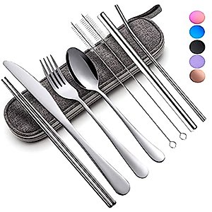 Reusable Utensils Set with Case Portable Travel Utensils Cutlery Set Stainless Steel Flatware Set for Camping 8pcs Including Dinner Knife Fork Spoon Chopsticks Boba Straw (Silver)