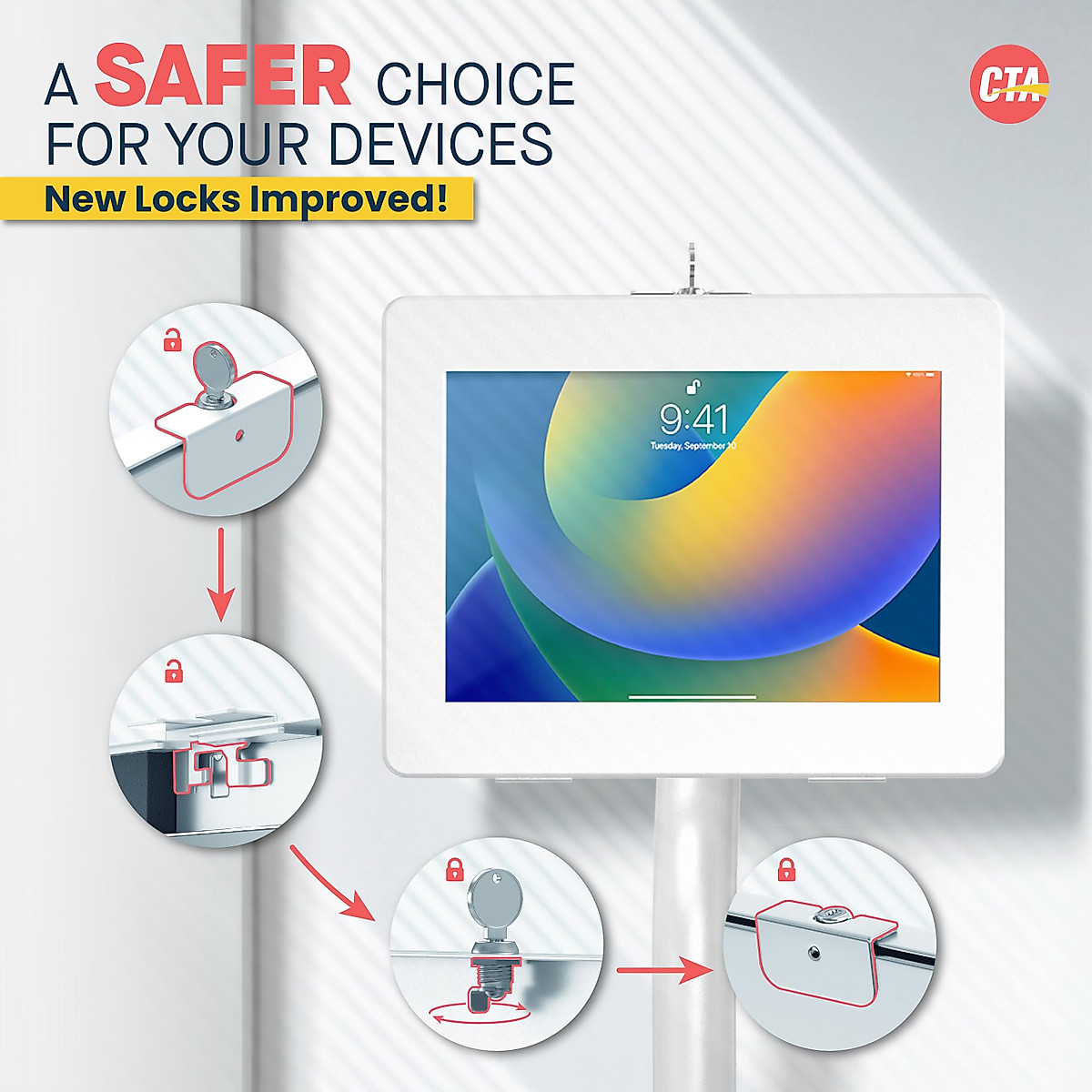 Anti-Theft Height Adjustable Kiosk Floor Stand CTA Secure Lockable Store Kiosk W/Height Adjustable Mechanism | for iPad 7/8/9 iPad Pro 11” Inch Samsung & Microsoft Tablets - White (PAD-PARAFDW)