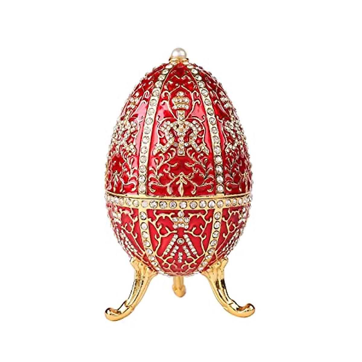 QIFU Vintage Red Faberge Egg Style Enameled Trinket Box Hinged, Unique Gift for Family(QF5825)